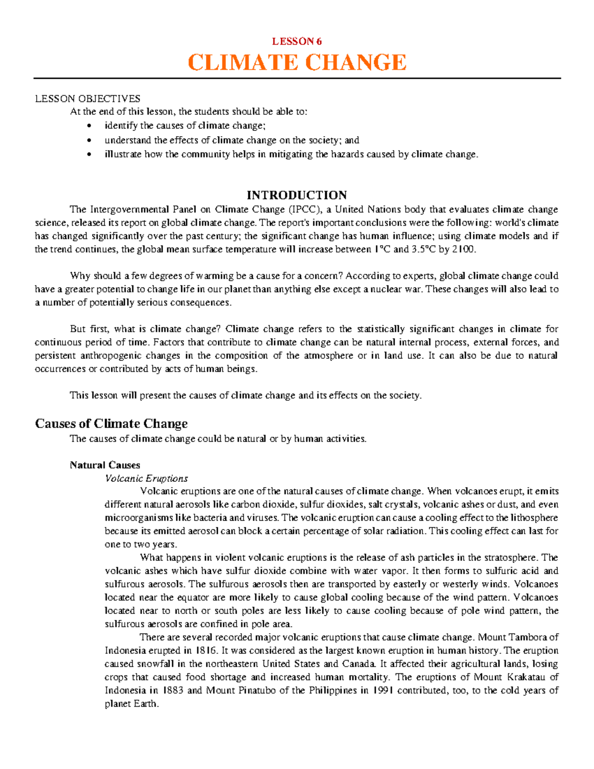 Lesson 14 Climate Change - LESSON 6 CLIMATE CHANGE LESSON OBJECTIVES At ...