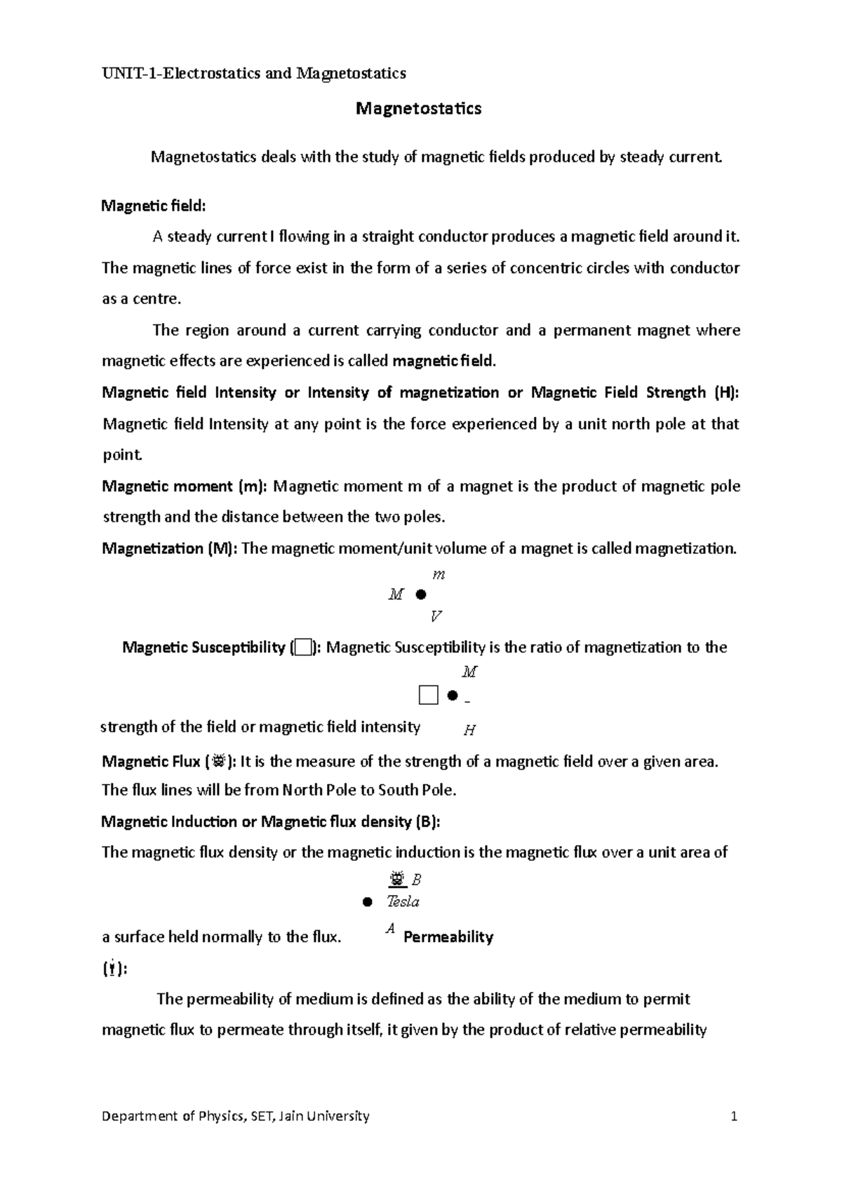 Unit 1 Magnetostatics notes - Magnetostatics Magnetostatics deals with ...