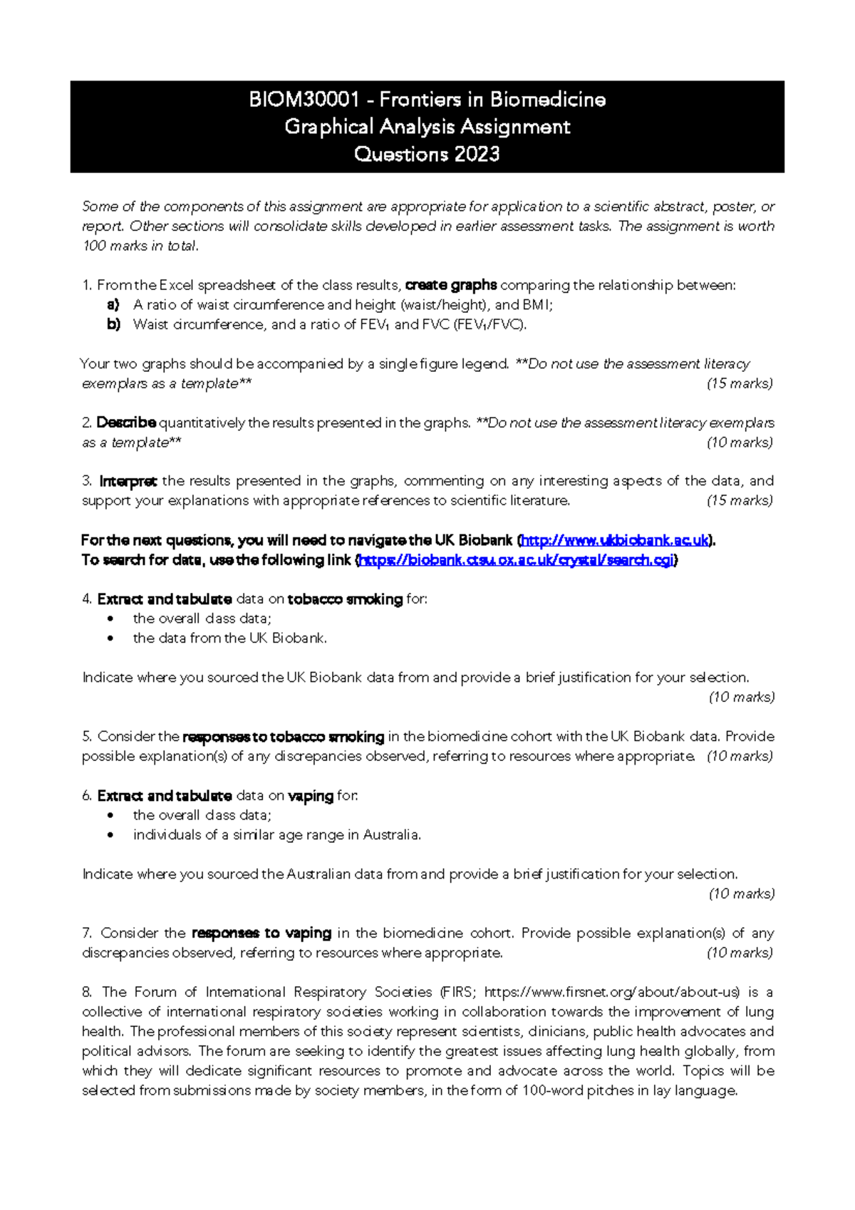 Graphical Analysis Assignment Questions 2023 - BIOM30001 - Frontiers in ...