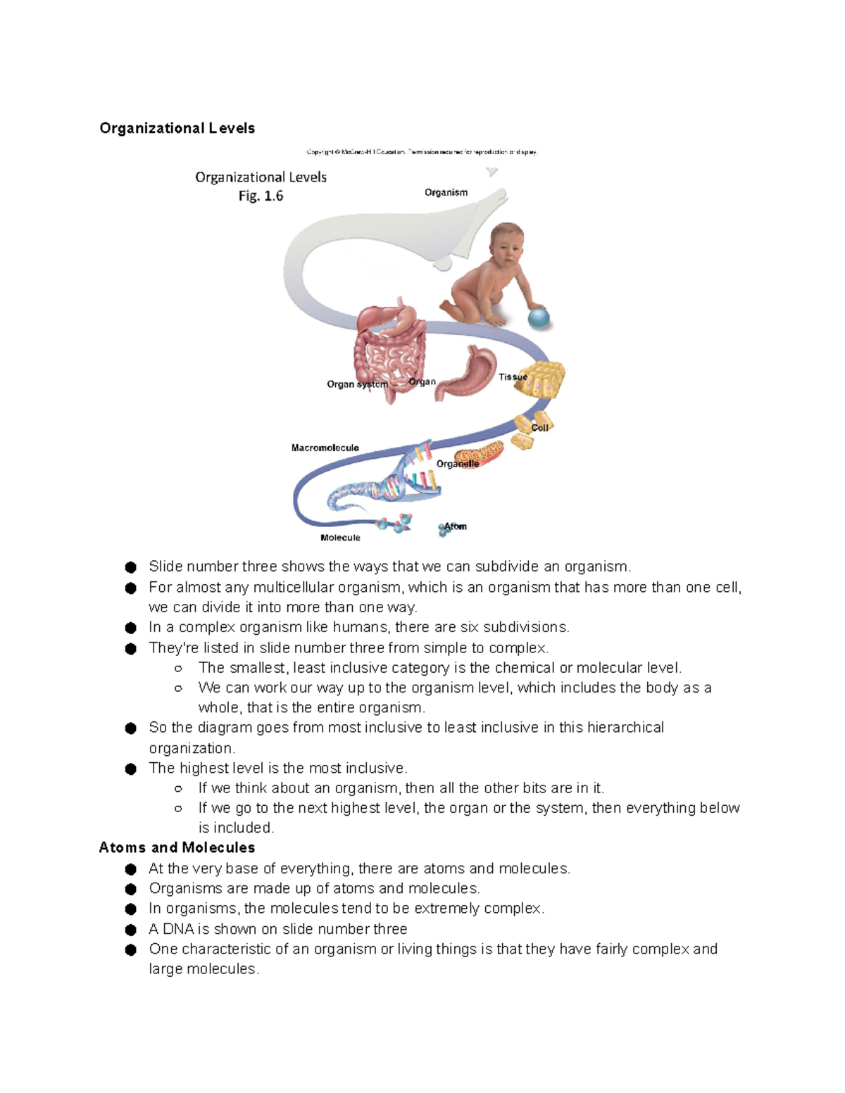 Anatomy unit 1 class 1 - Organizational Levels Slide number three shows ...
