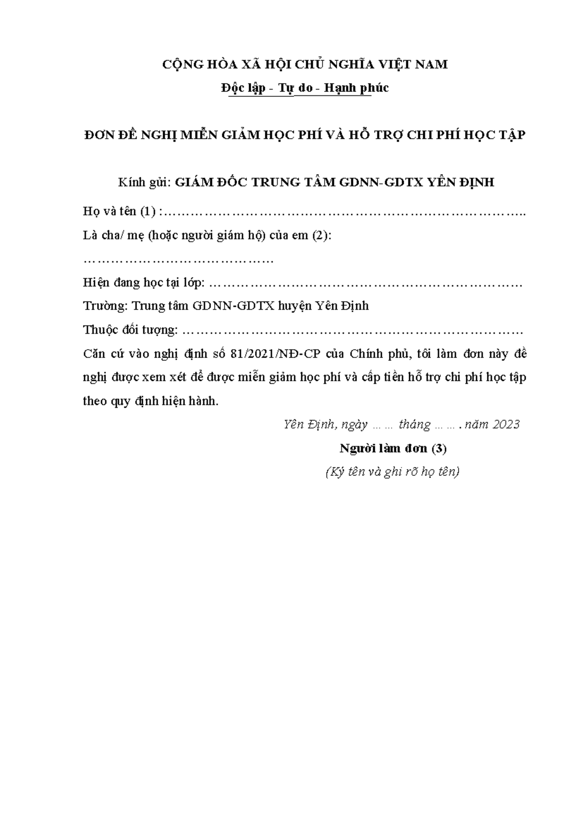 đơn đề nghị miễn giảm học phí - CỘNG HÒA XÃ HỘI CHỦ NGHĨA VIỆT NAM Độc ...