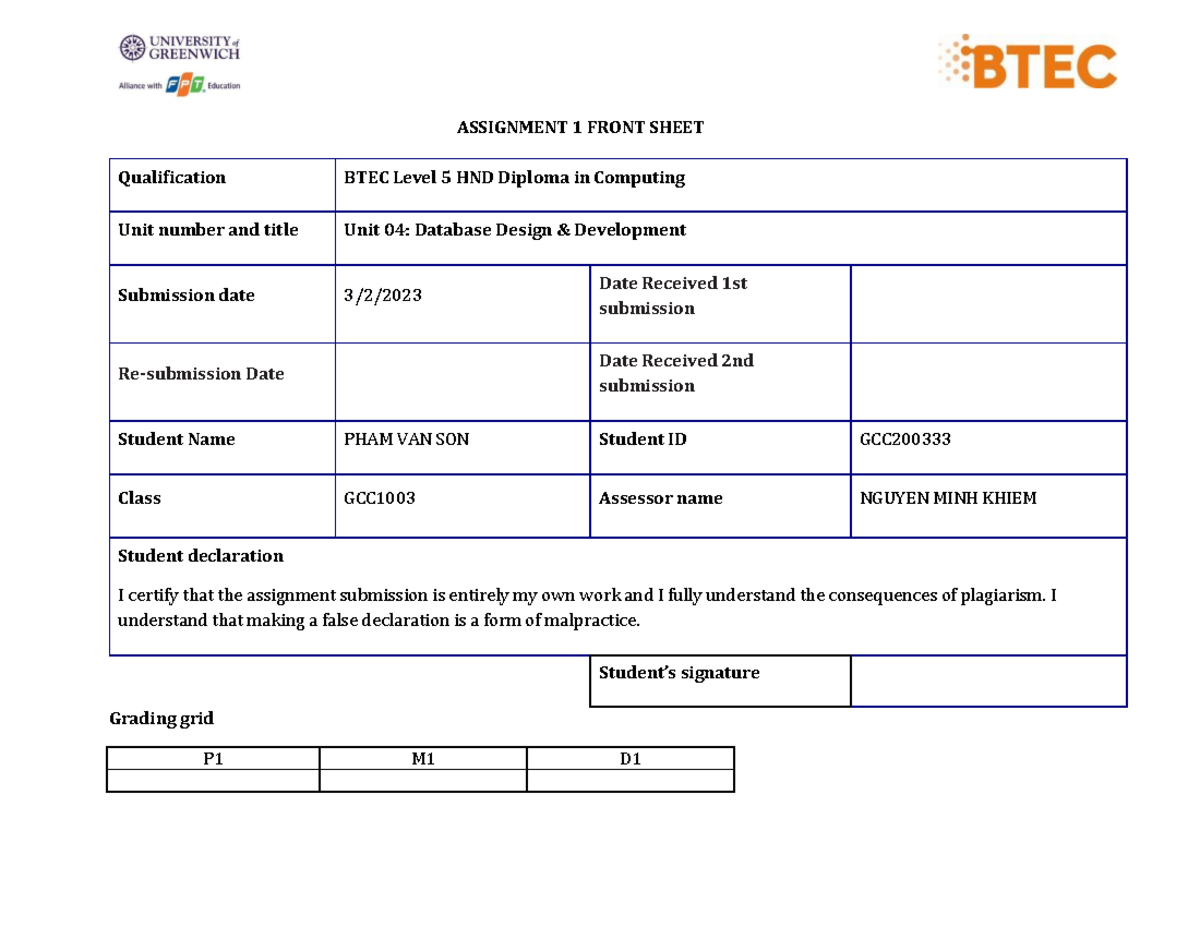 1 04-DDD.Assignment 1 frontsheet - ASSIGNMENT 1 FRONT SHEET Qualification BTEC Level 5 HND ...