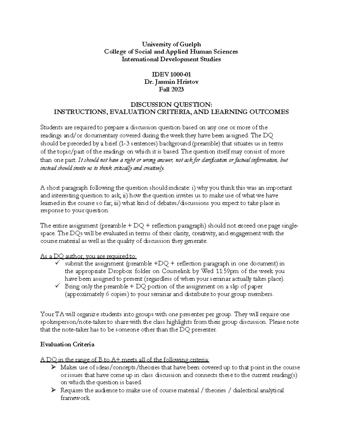 Discussion Questions Instructions FALL 2023 - University of Guelph ...