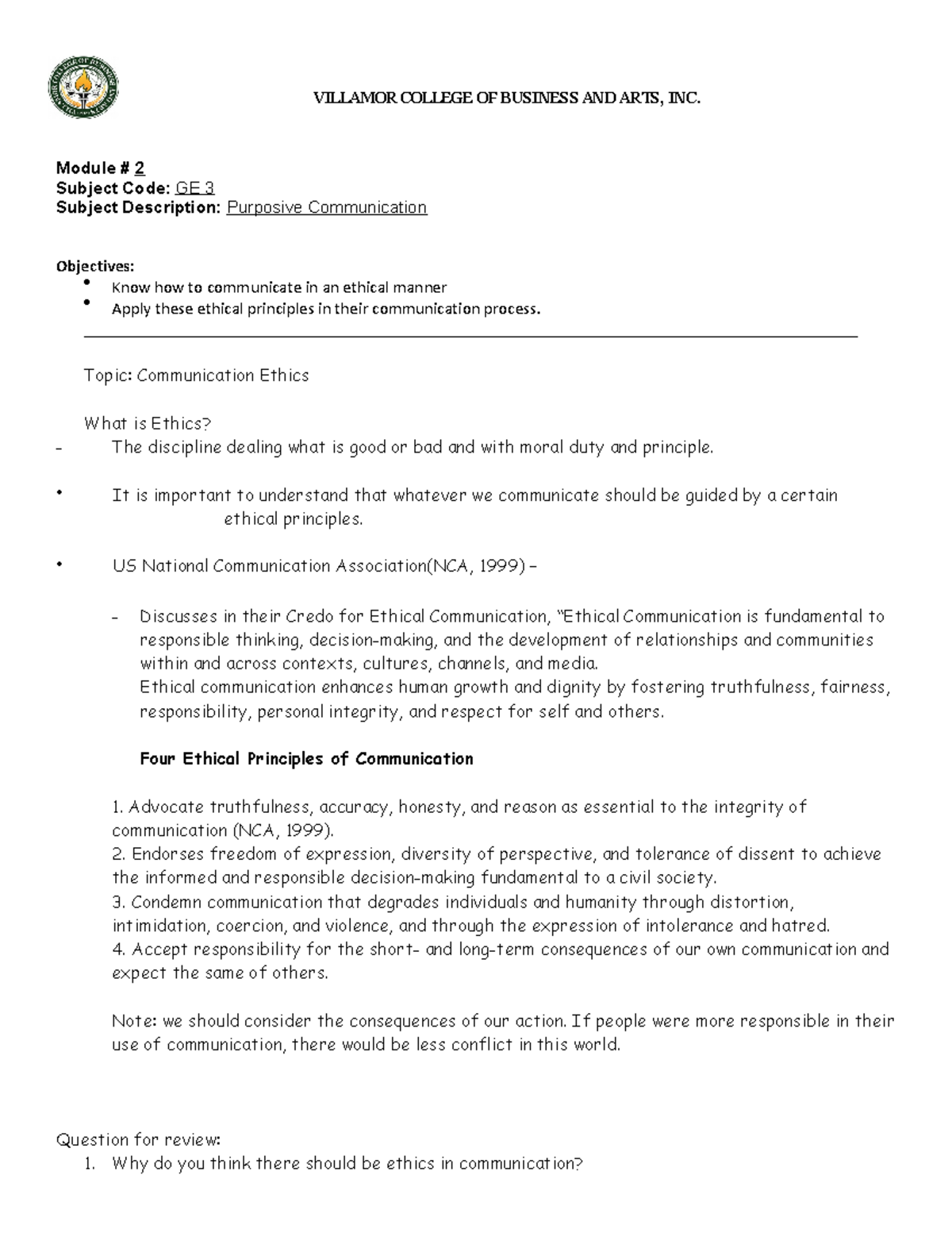 Module 2 - Purposive Communication - VILLAMOR COLLEGE OF BUSINESS AND ...