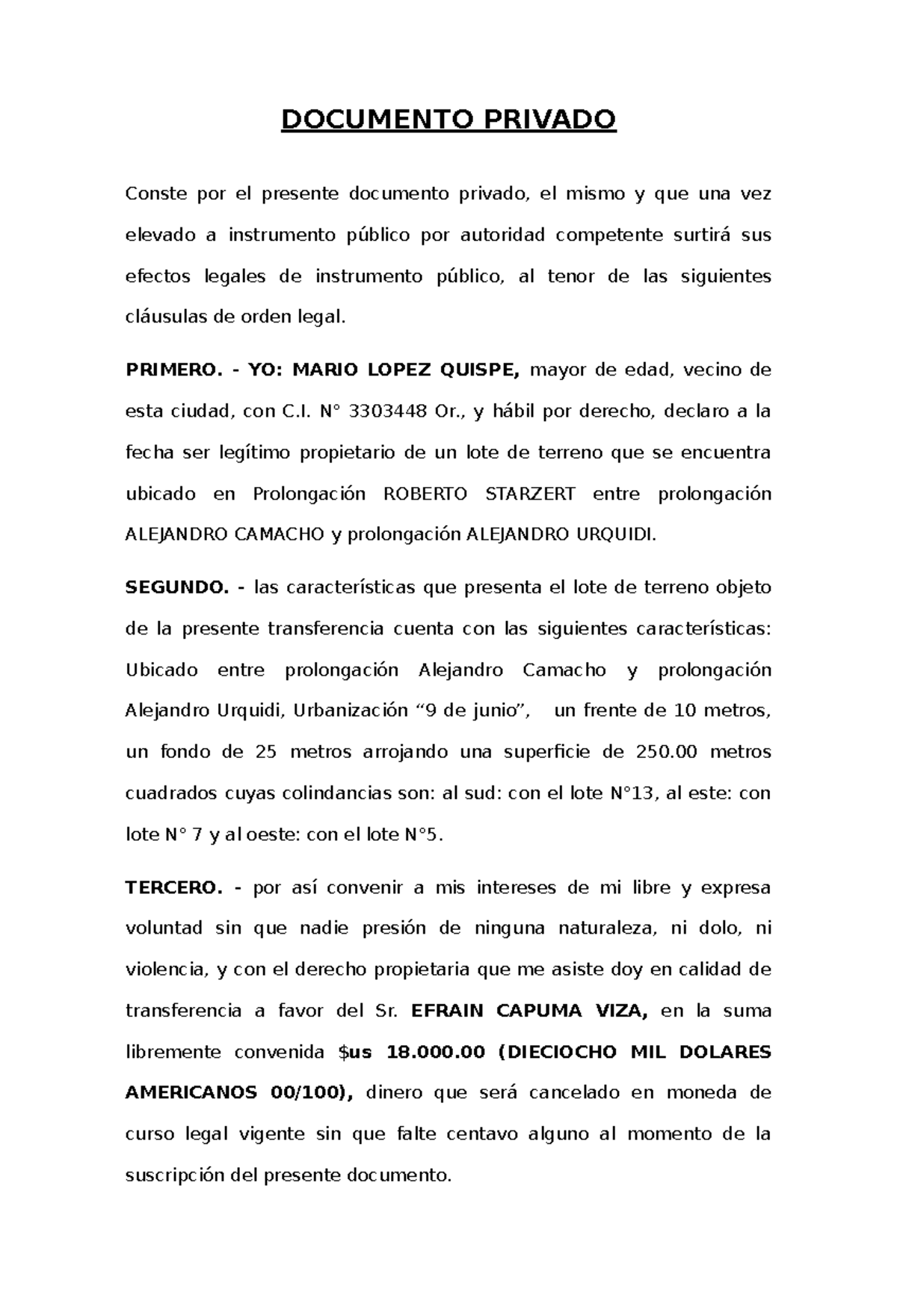 LOTE Venta 2 - documento privado - DOCUMENTO PRIVADO Conste por el ...