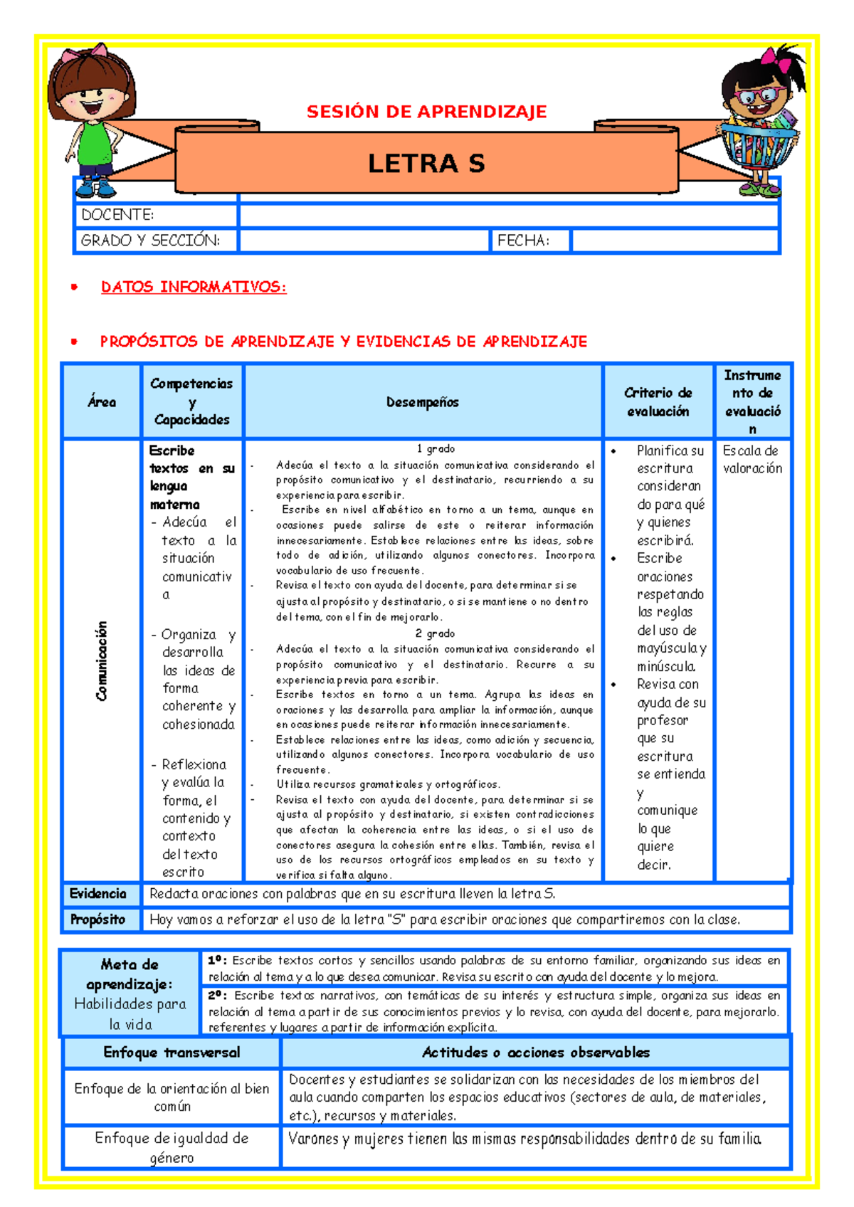 4 Sesión Letra S - práctica - SESIÓN DE APRENDIZAJE I. DOCENTE: GRADO Y ...