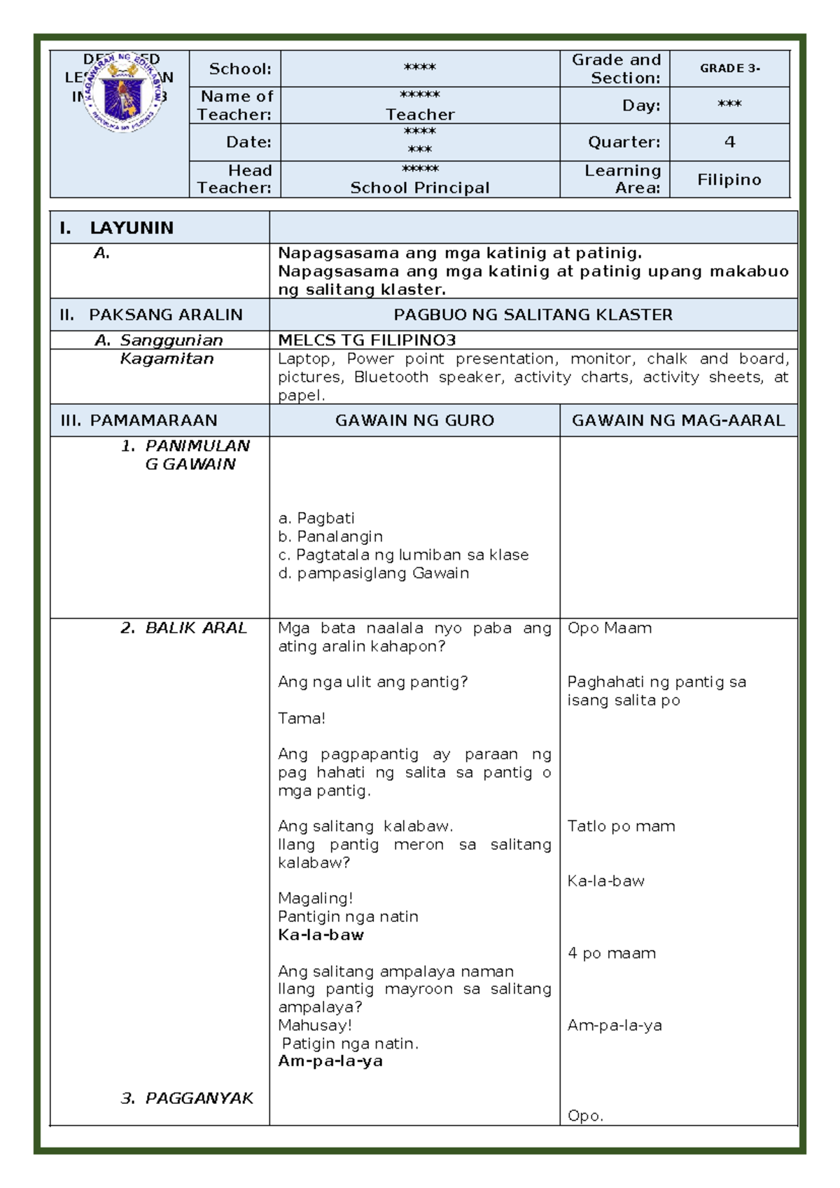 Q4. Filipino 3 Klaster DLP - DETAILED LESSON PLAN IN Filipino 3 School ...
