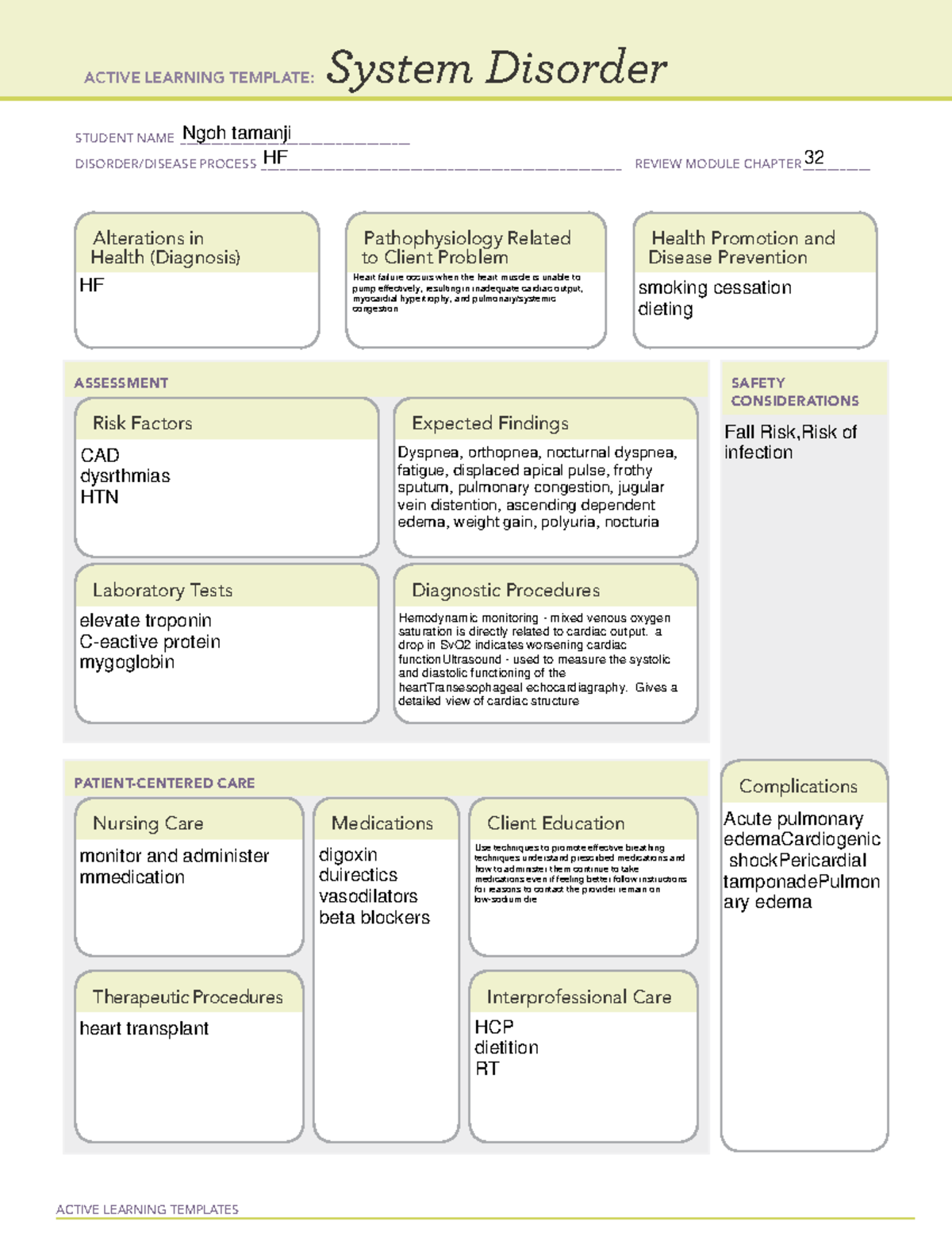 ALT HF - ati - ACTIVE LEARNING TEMPLATES System Disorder STUDENT NAME ...