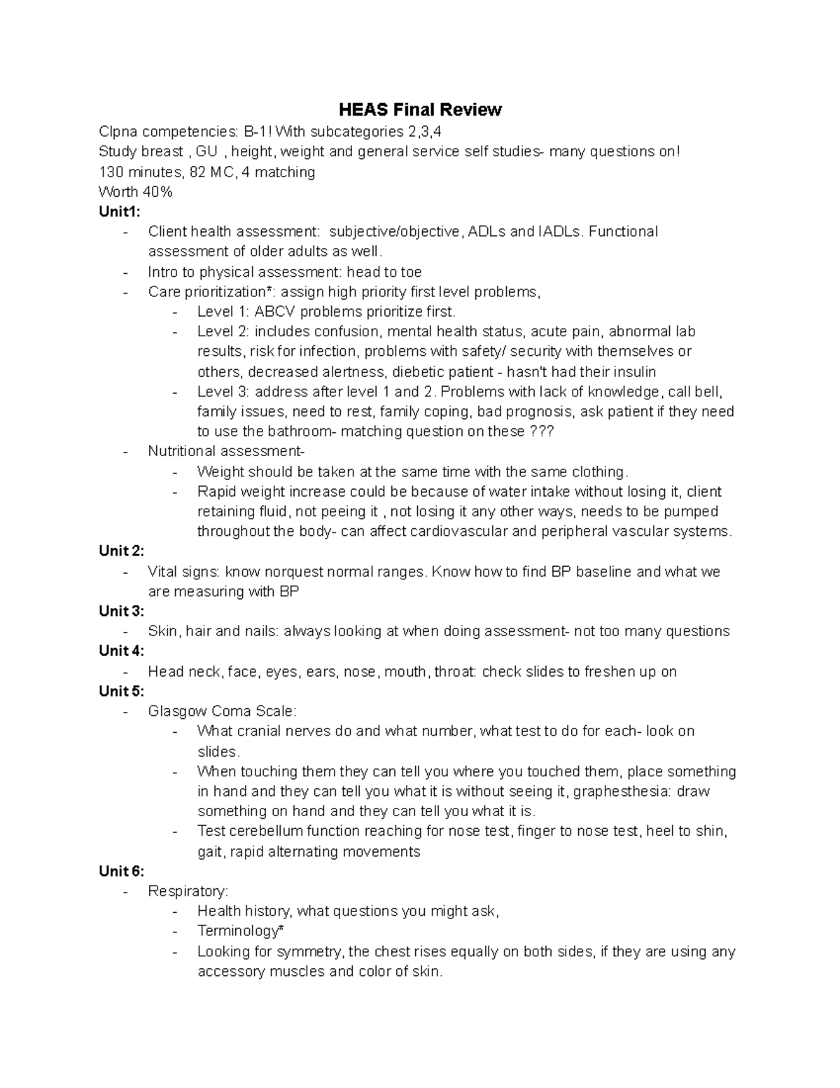 HEAS review - N/A. - HEAS Final Review Clpna competencies: B-1! With ...