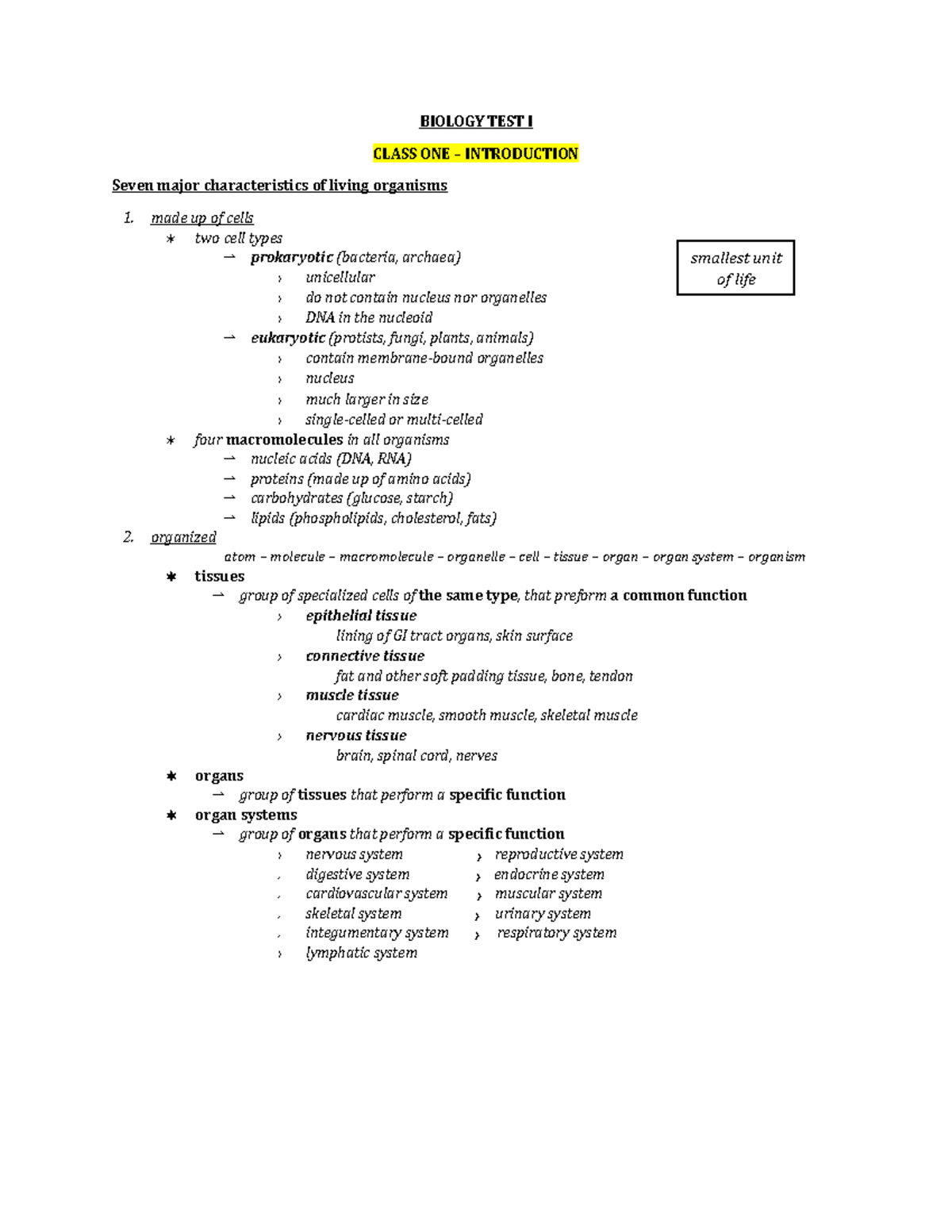 EXAMINATION 1 PREP - BIOLOGY TEST I CLASS ONE – INTRODUCTION Seven ...