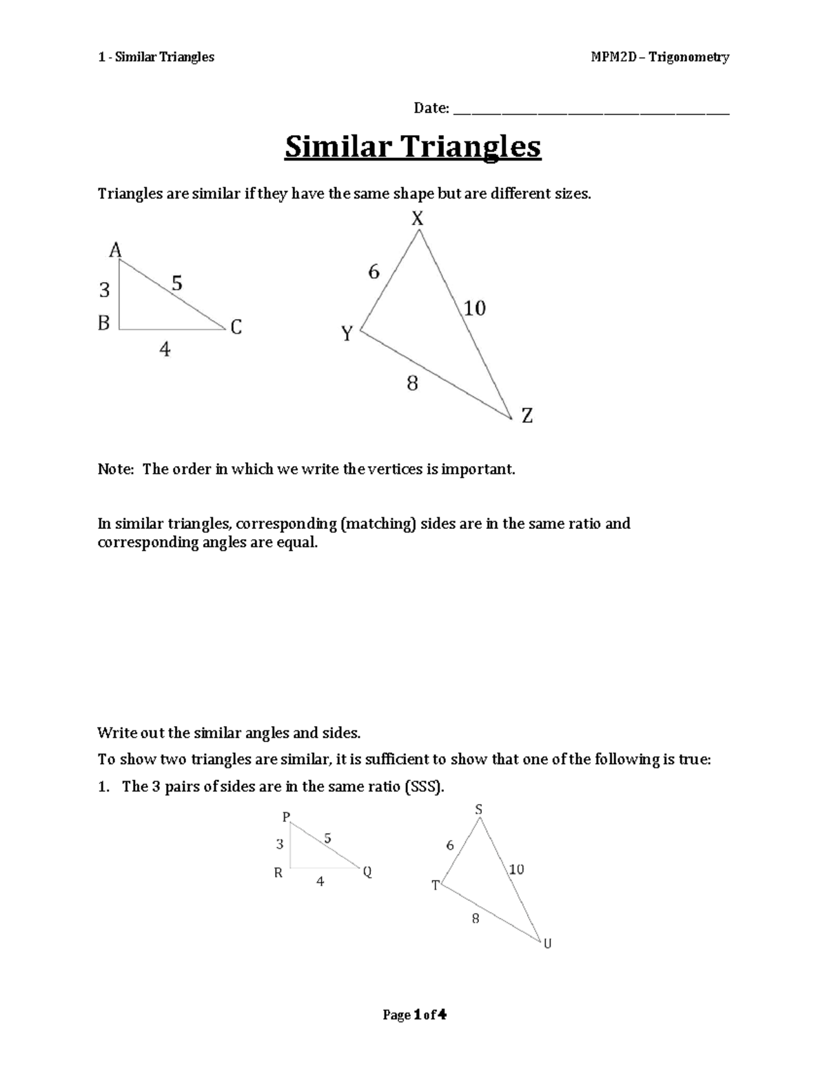 01 - Similar Triangles - Notes - Date ...