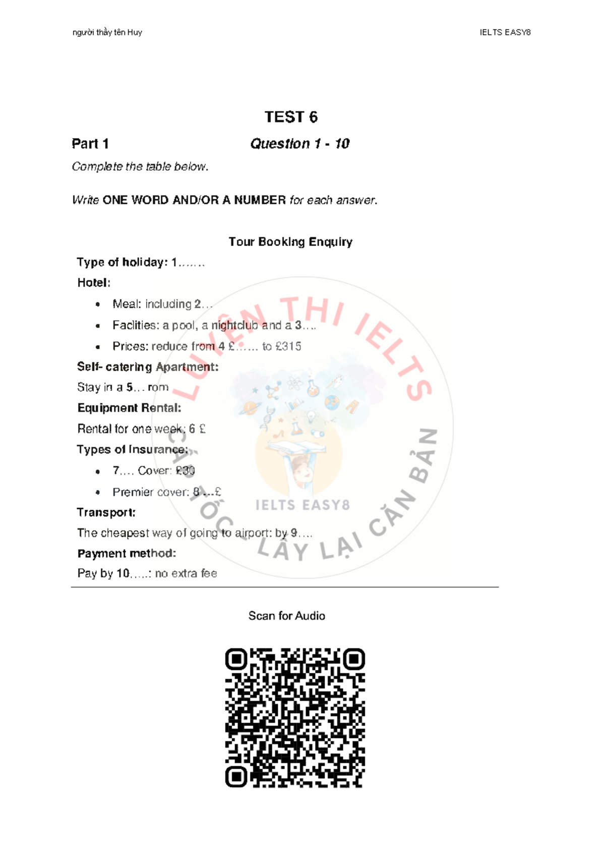 Test 6 - gjbkk - Part 1 Complete the table below. TEST Question 1 - 1 O ...
