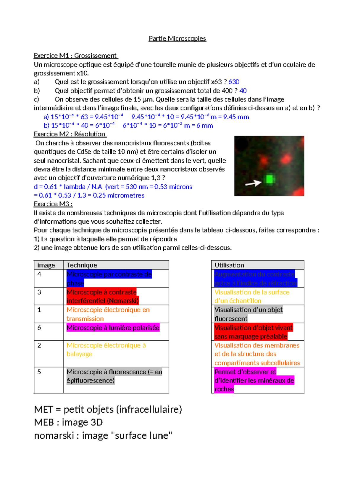 TD microscopie 2023 - Partie Microscopies Exercice M1 : Grossissement ...