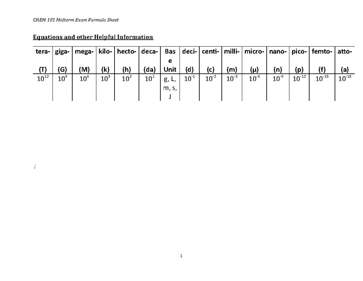 Midterm Formulas and Helpful Information - CHEM 105 - CHEM 101 Midterm ...