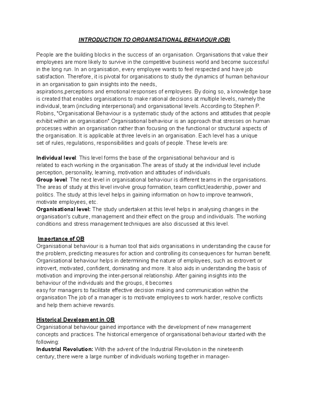 Organisational Behaviour - INTRODUCTION TO ORGANISATIONAL BEHAVIOUR (OB ...