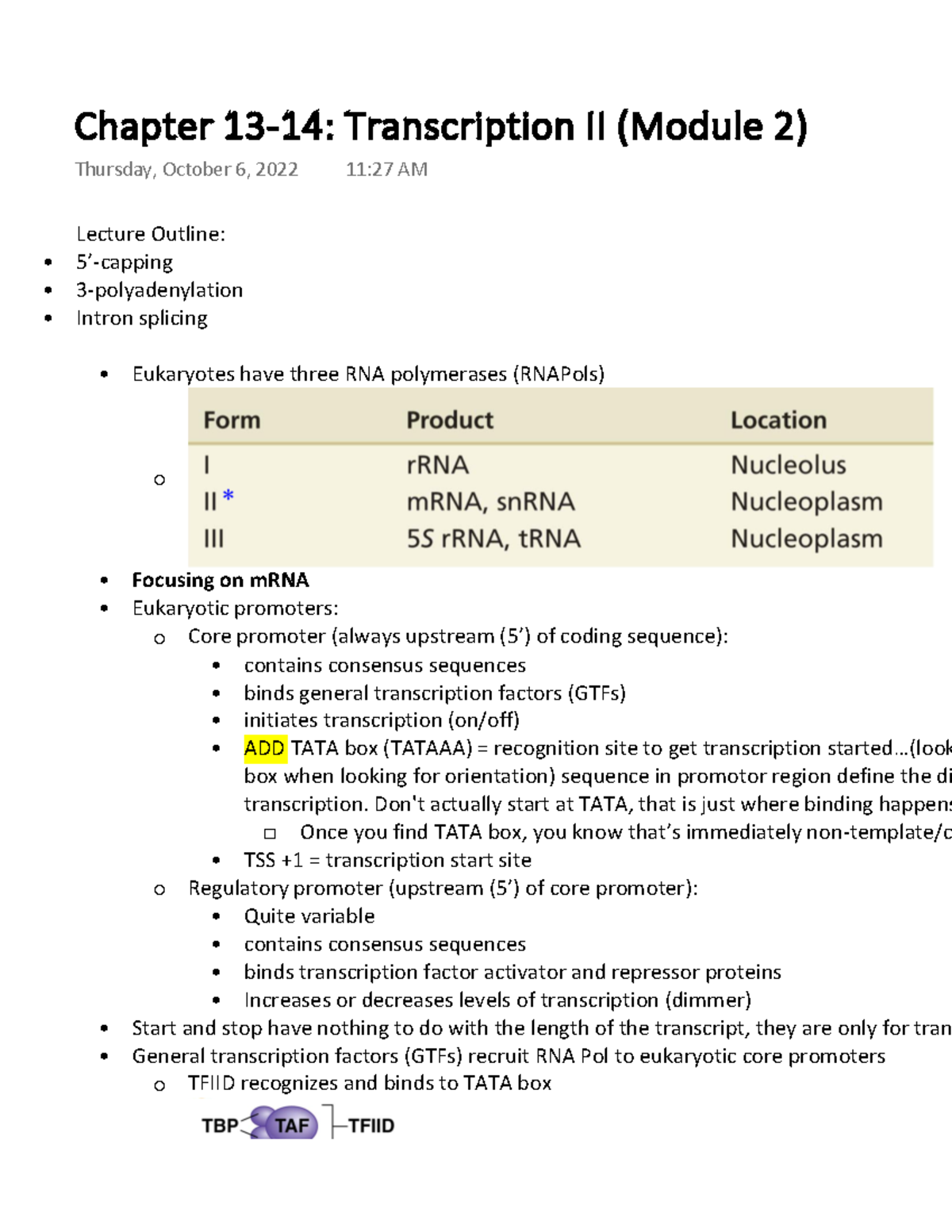 Module 2 Chapter 13-14 Transcription II (lecture) - Lecture Outline: 5’-capping 3 ...