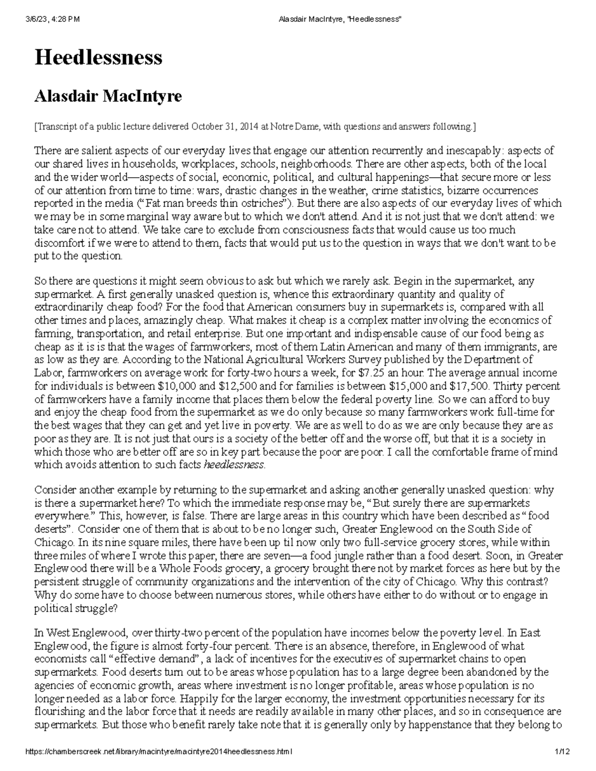 Mac Intyre - Heedlessness - Heedlessness Alasdair MacIntyre [Transcript ...