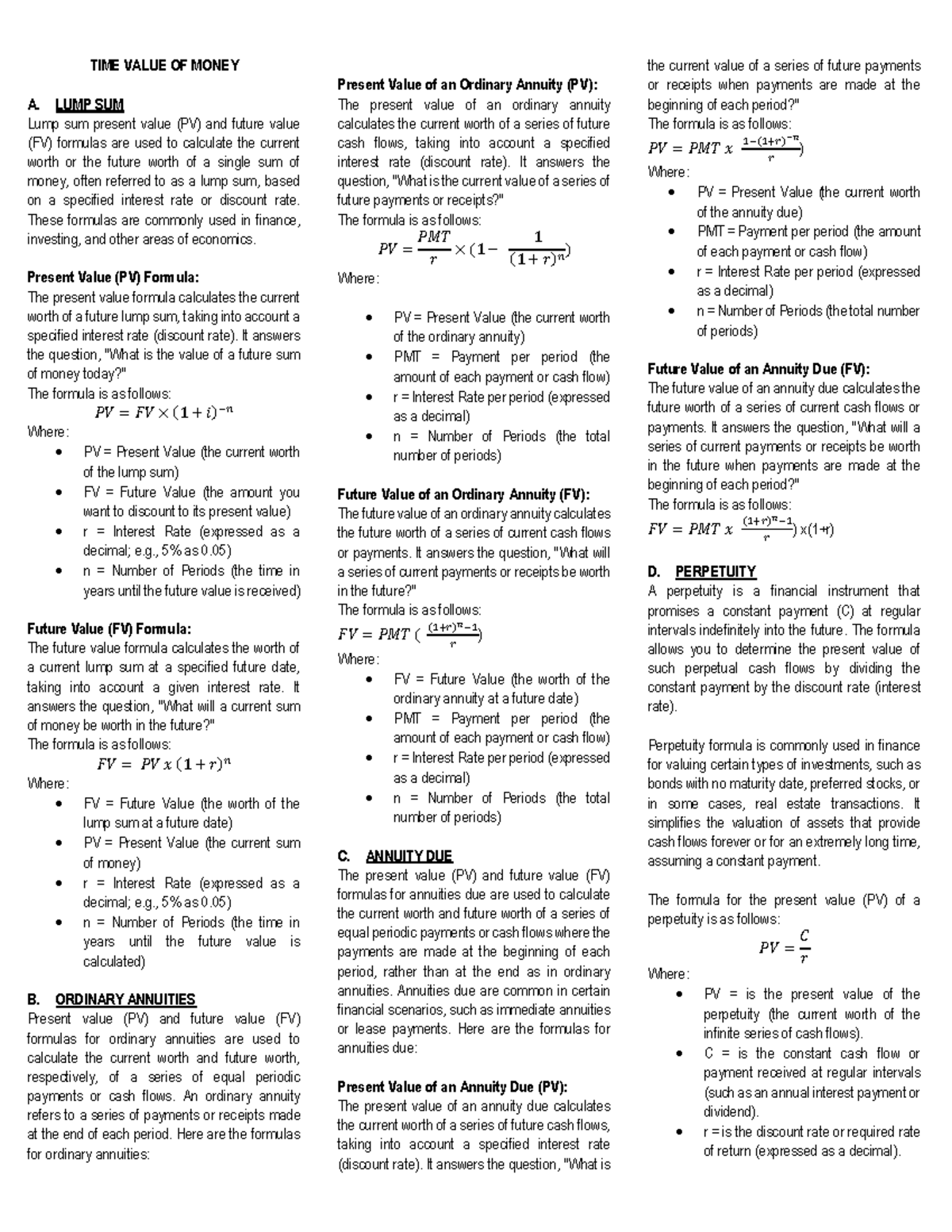 TIME Value OF Money Handout - TIME VALUE OF MONEY A. LUMP SUM Lump sum ...