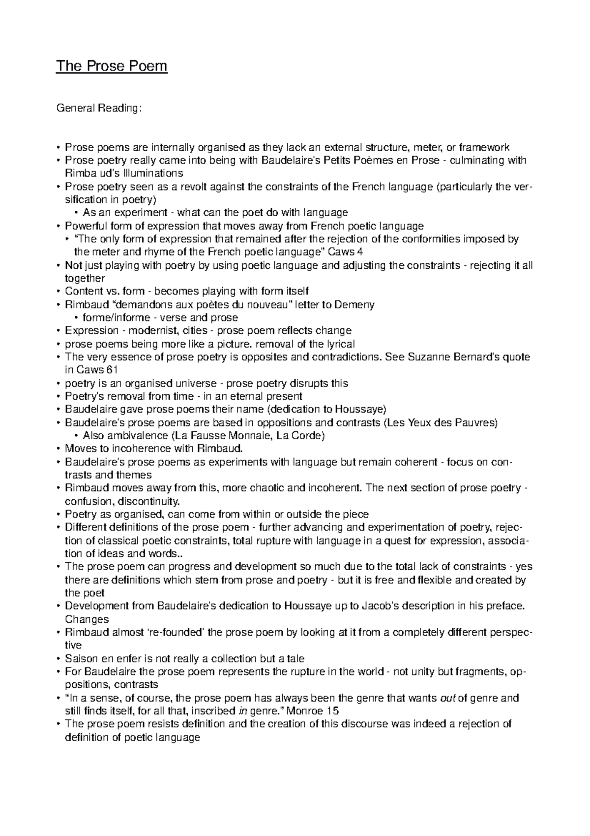 French Prose Poem Reading Notes - The Prose Poem General Reading: Prose ...