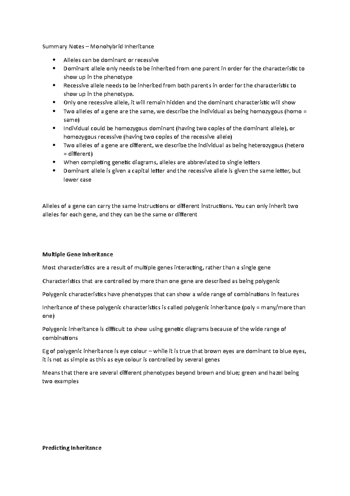 Summary Notes - Monohybrid Inheritance - Only one recessive allele, it ...