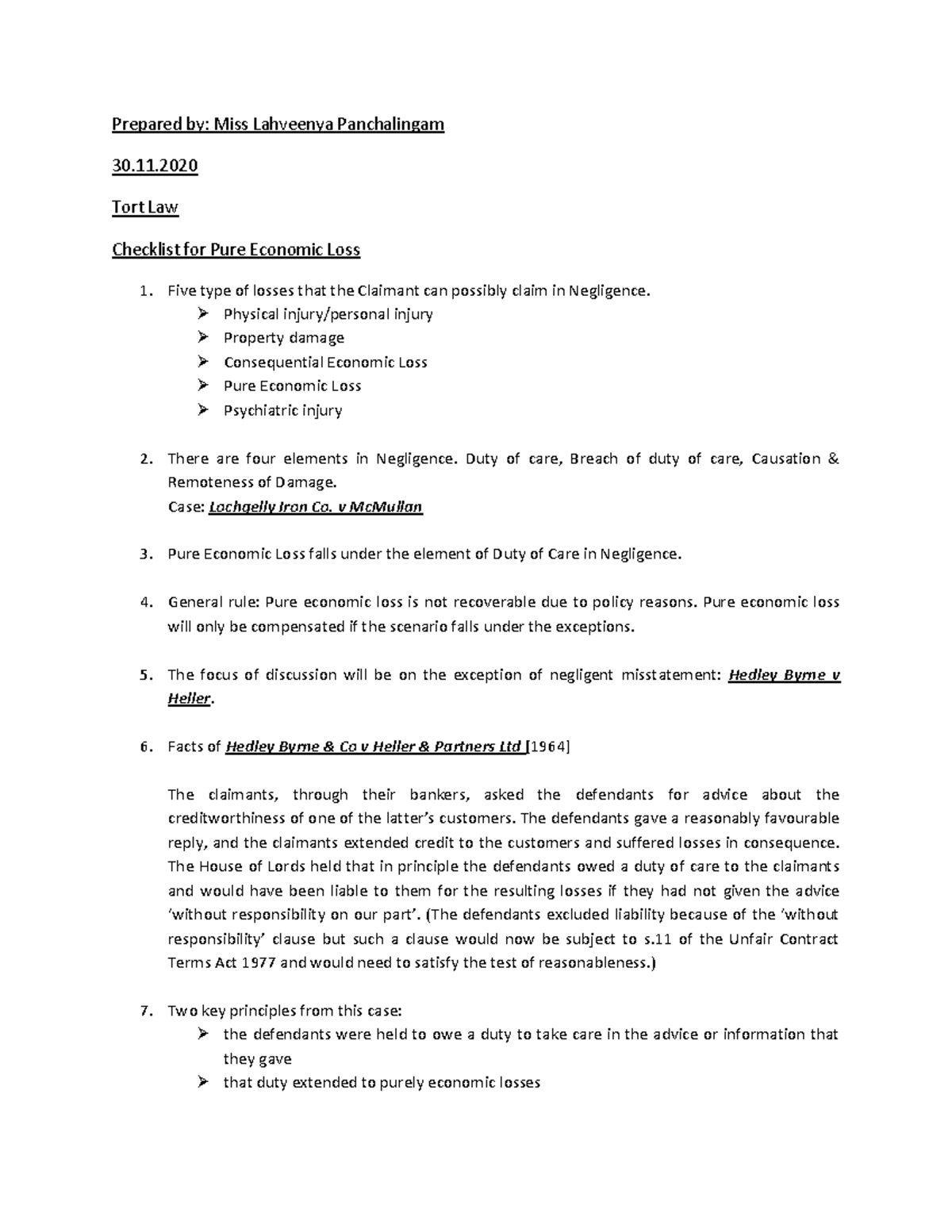 Tort Law Pure Economic Loss Checklist 30 - Prepared by: Miss Lahveenya ...