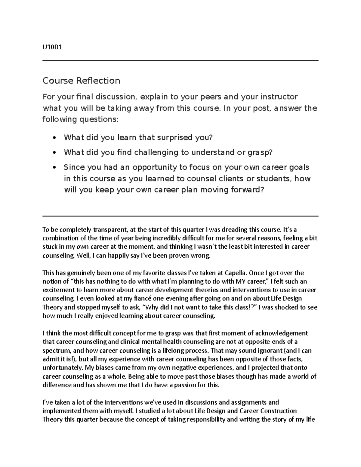 U10 DISCUSSION 1 - U10D Course Reflection For your final discussion ...
