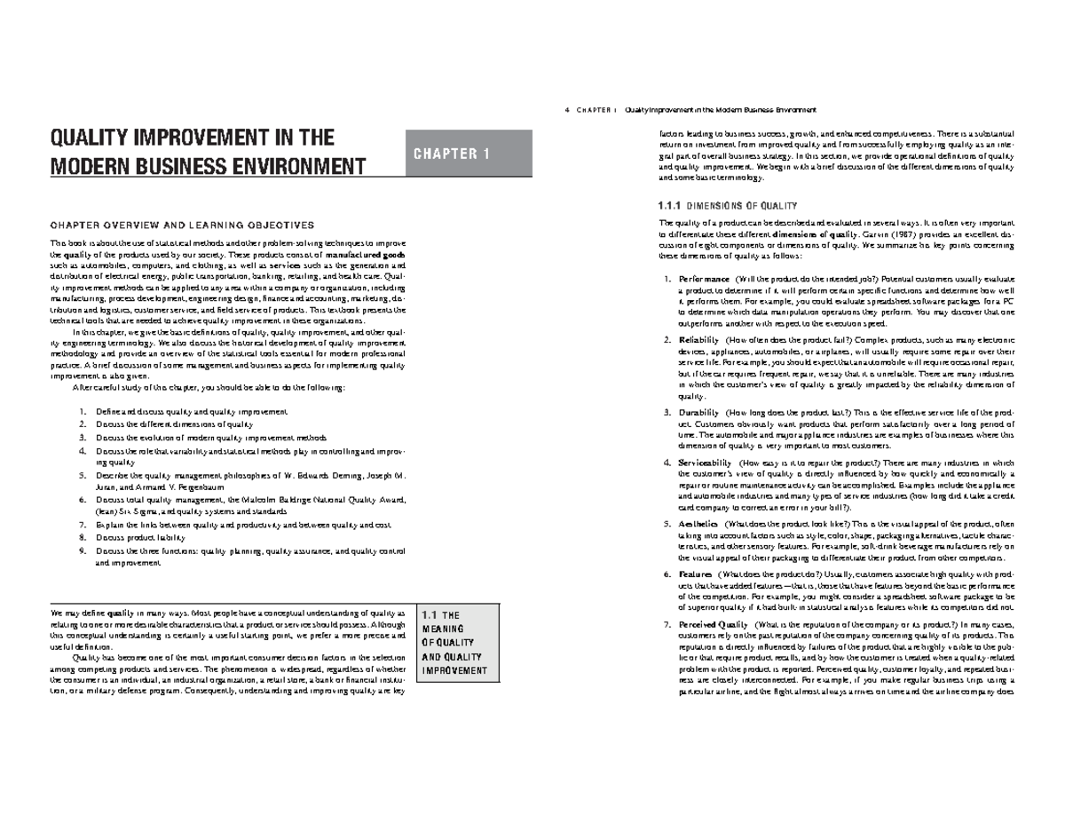 CH1 - CHAPER - CHAPT ER 1 QUALITY IMPROVEMENT IN THE MODERN BUSINESS ...