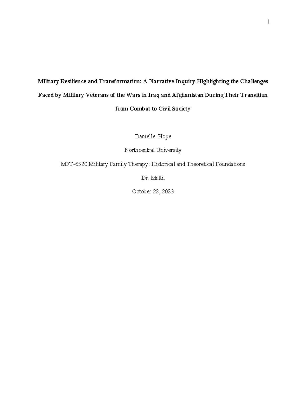 Hope D MFT 6520 5 - broken down by week - Military Resilience and ...