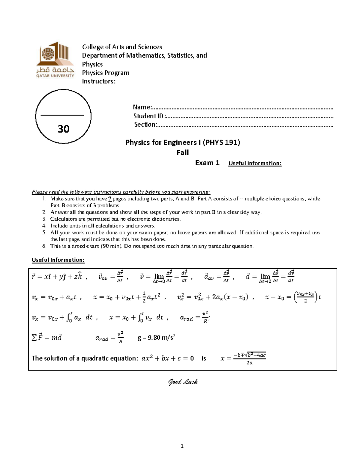 Formula sheet Exam 1 - PHYS 191 course work, practice materials and ...