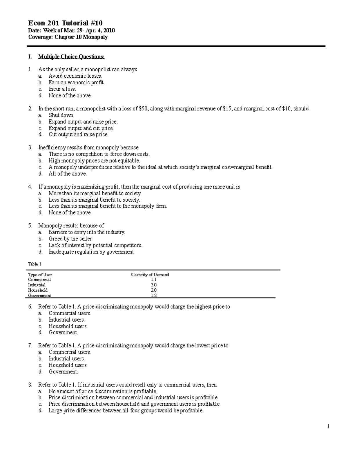 201-tutorial-10 questions to student for examination preparation - Econ 201 Tutorial Date: Week ...