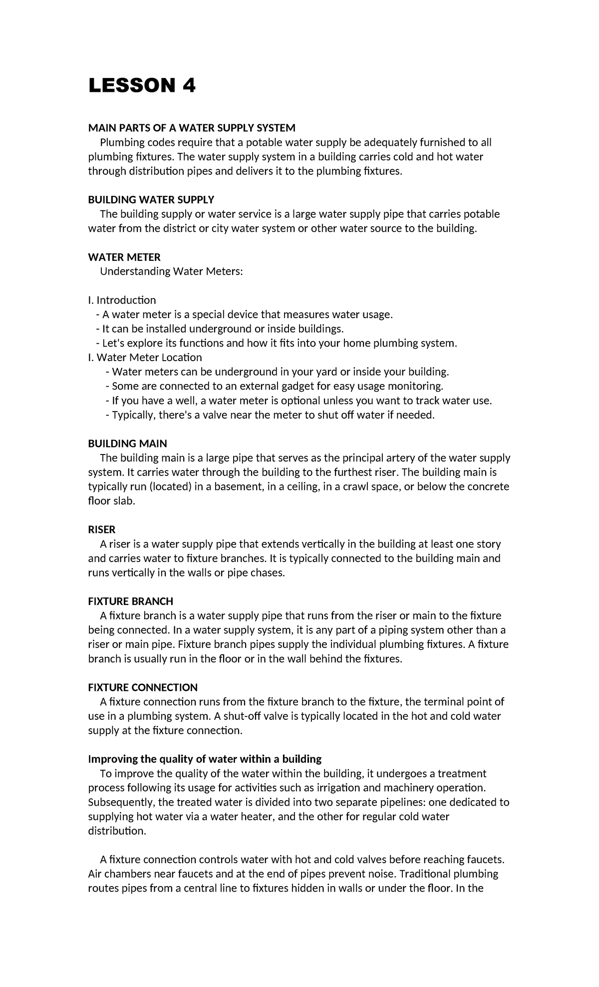CE 317 Lesson 4 - All about plumbing - LESSON 4 MAIN PARTS OF A WATER ...