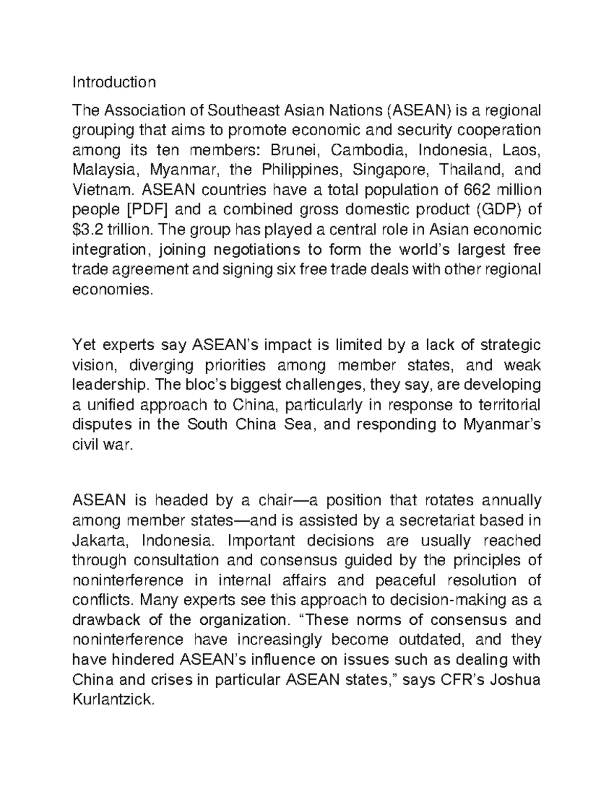 Asean AS AN Intergovernmental Organization - Introduction The ...