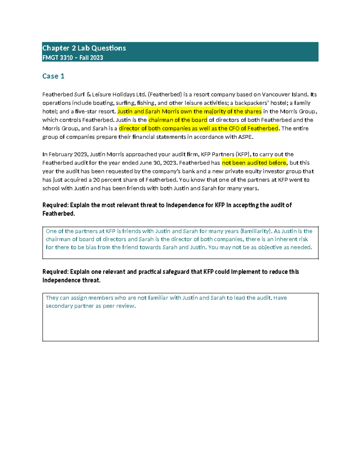 FMGT 3310 - Fall 2023: Chapter 2 Lab Questions Analysis - Chapter 2 Lab Questions FMGT 3310 ...