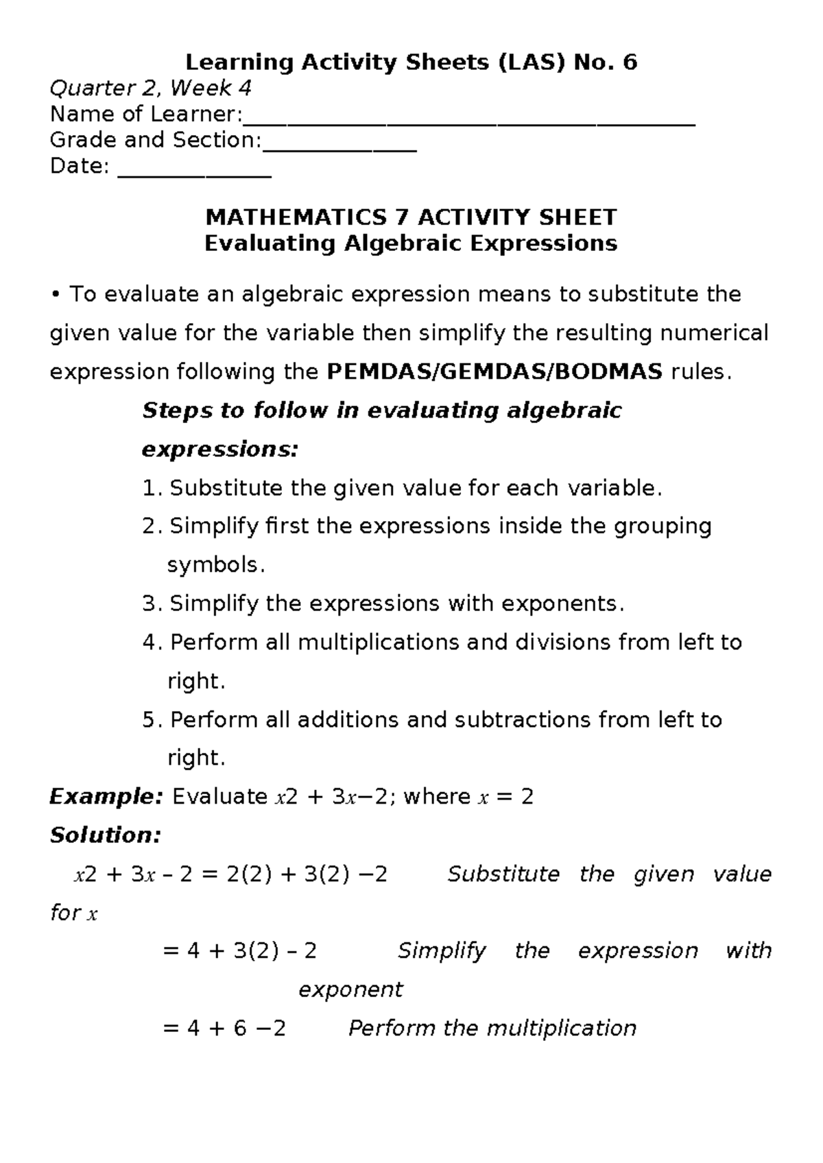 M7 Q2 Week 4 - Math Activity Sheet - Learning Activity Sheets (LAS) No ...