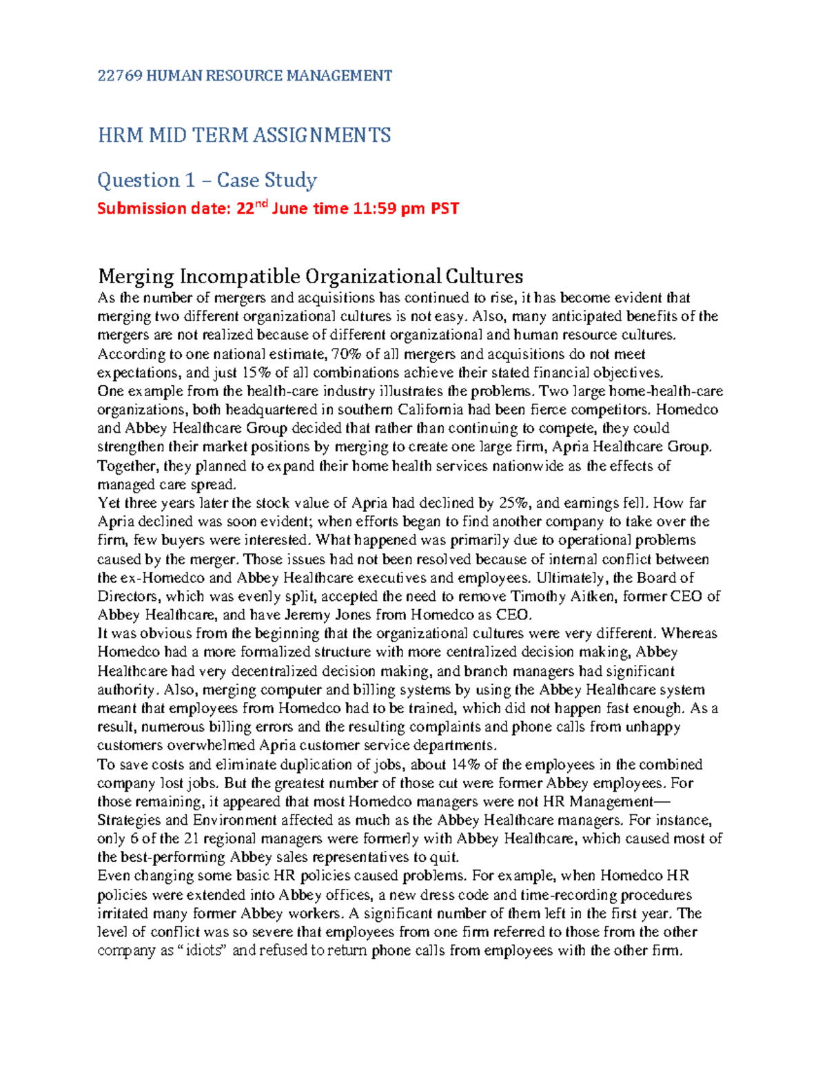 HRM MBA MIDE TERM Assignment - 22769 HUMAN RESOURCE MANAGEMENT HRM MID ...