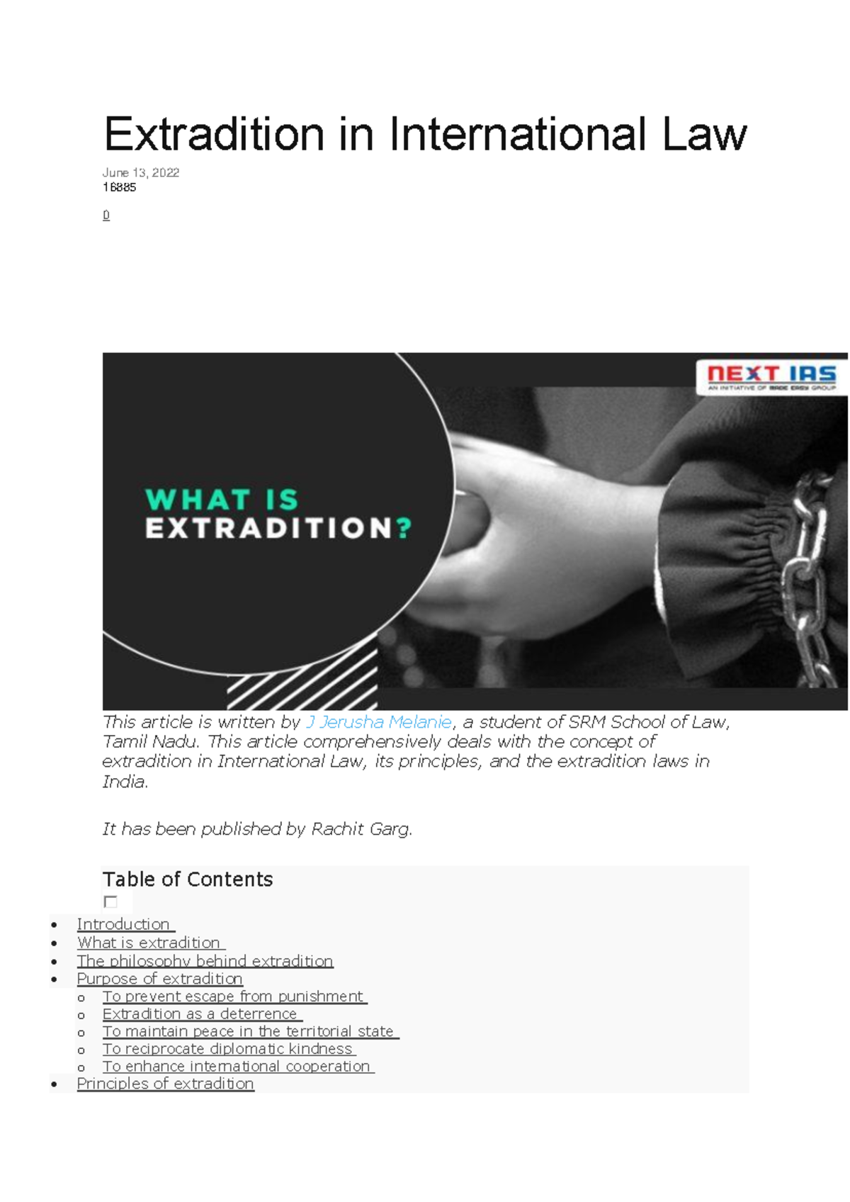 Extradition in International Law - This article comprehensively deals with the concept of - Studocu