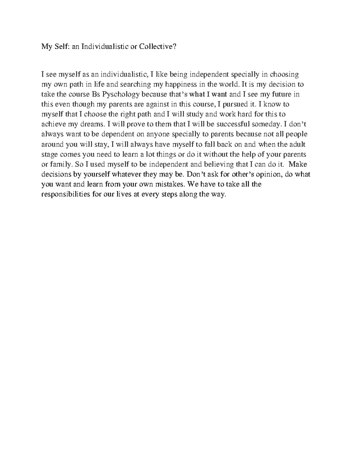 My Self - activity - My Self: an Individualistic or Collective? I see ...