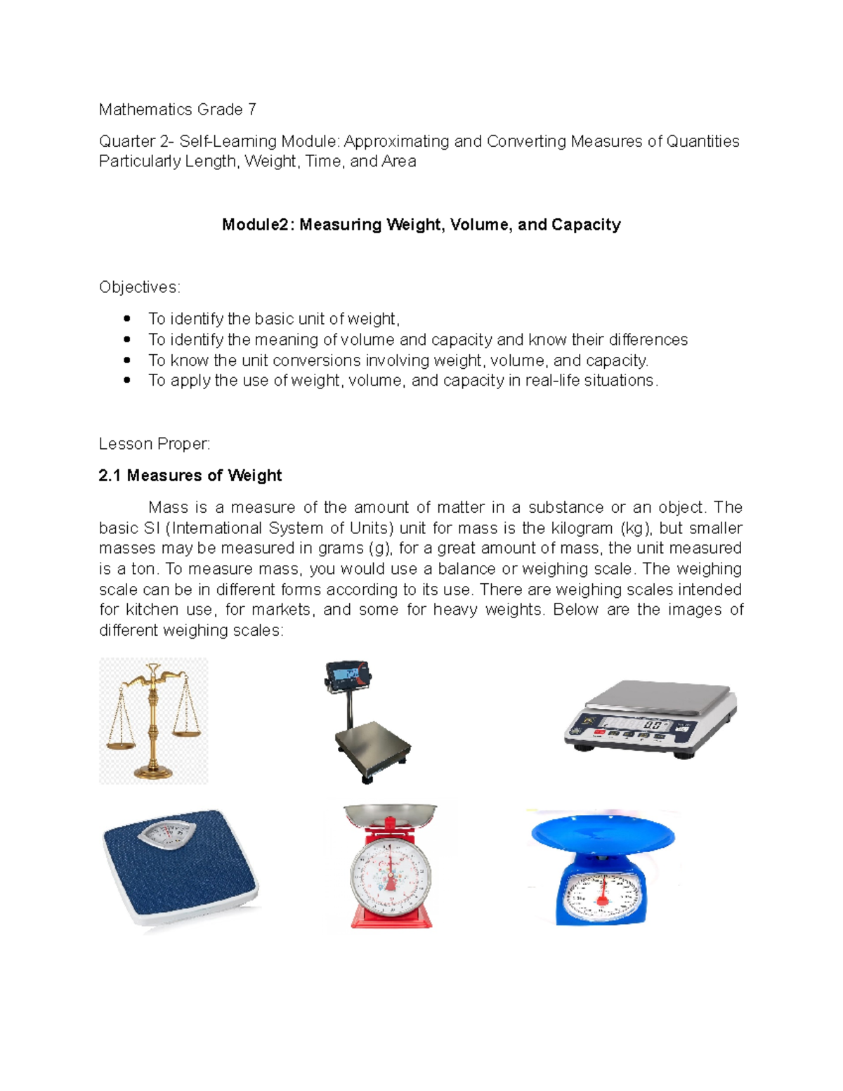 Module 2 weight volume capacity - Mathematics Grade 7 Quarter 2- Self ...