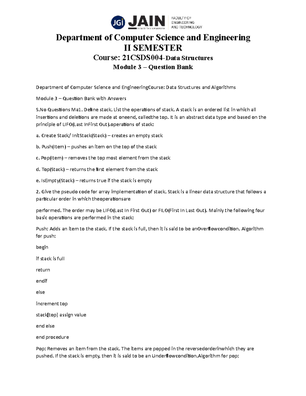 Data Structures Module 3 Qb And Solutions Department Of Computer