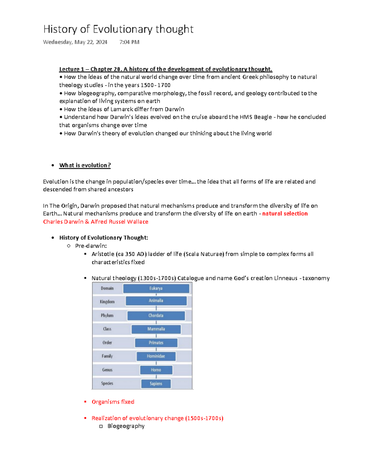 Evolution notes - semi-complete - Lecture 1 – Chapter 20. A history of ...