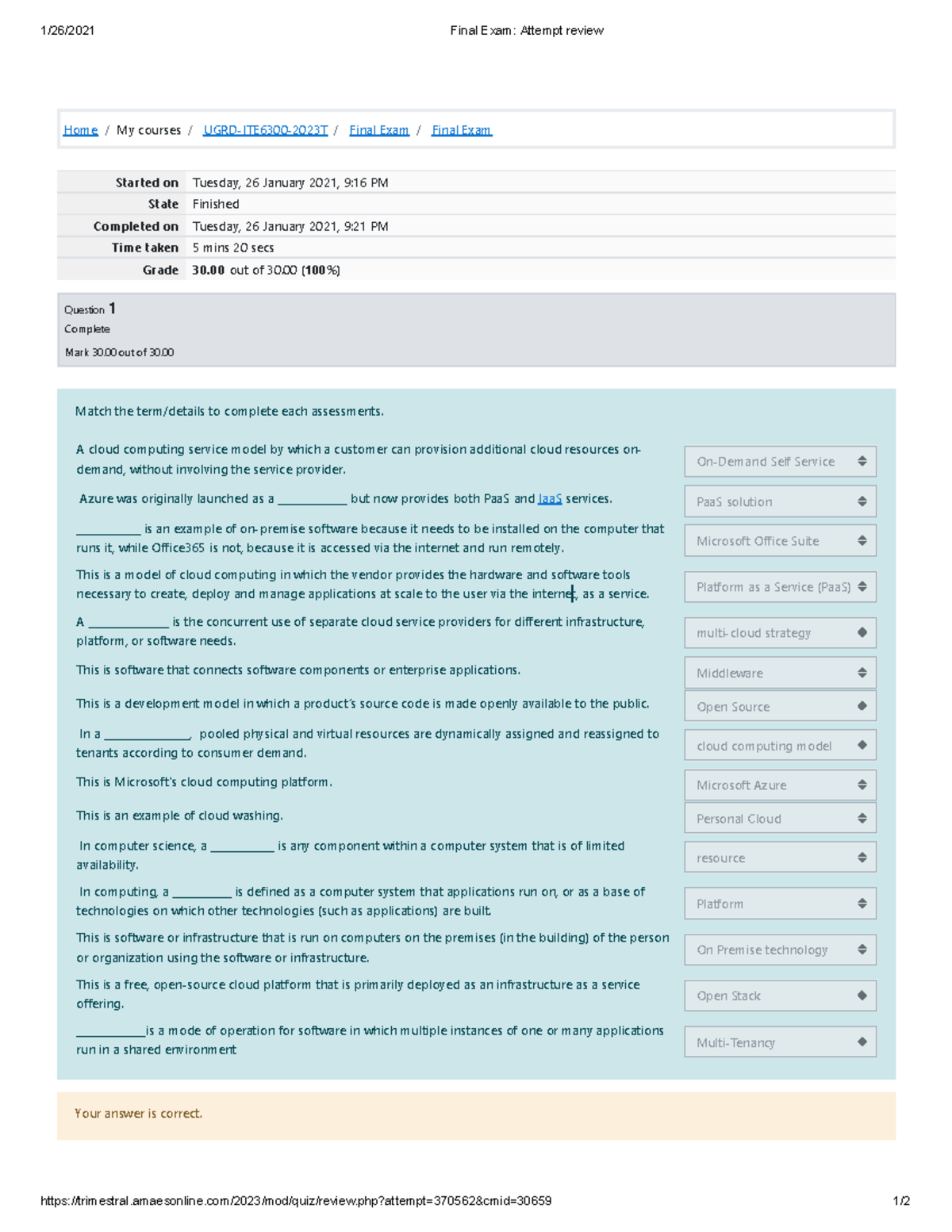 Final Exam Attempt review - 1/26/2021 Final Exam: Attempt review - Studocu