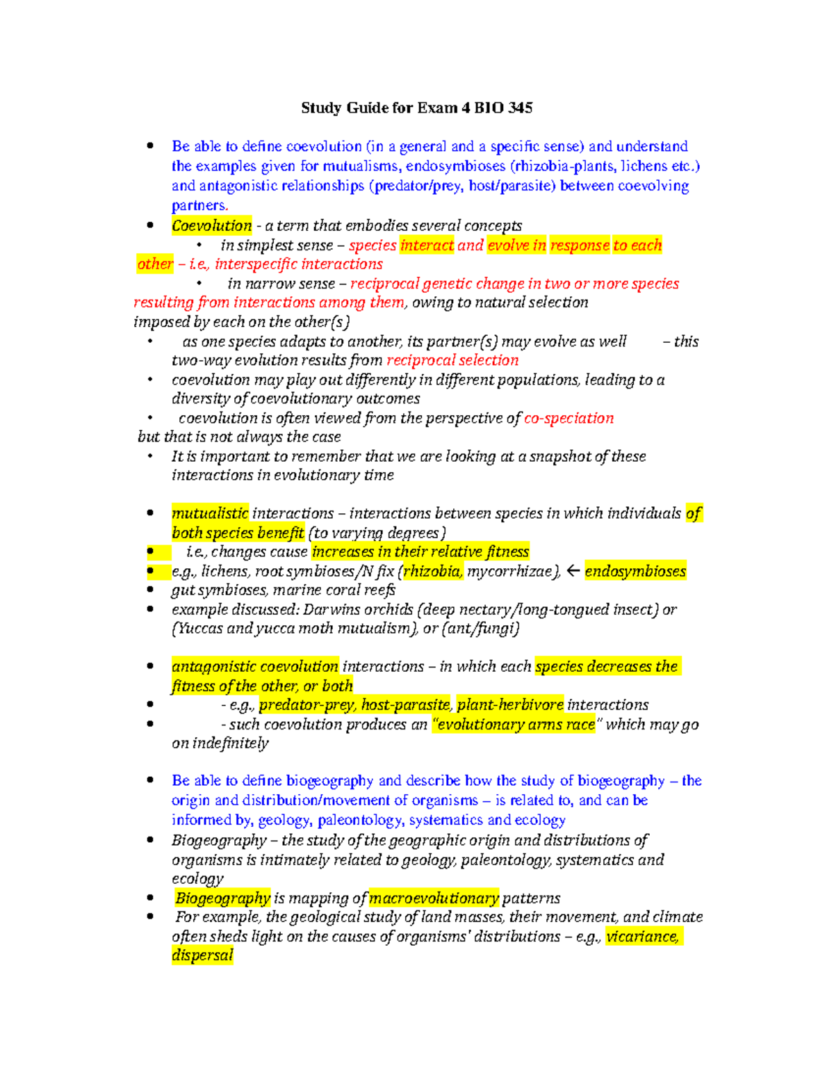 Bio345 - Exam notes - Study Guide for Exam 4 BIO 345 Be able to define ...