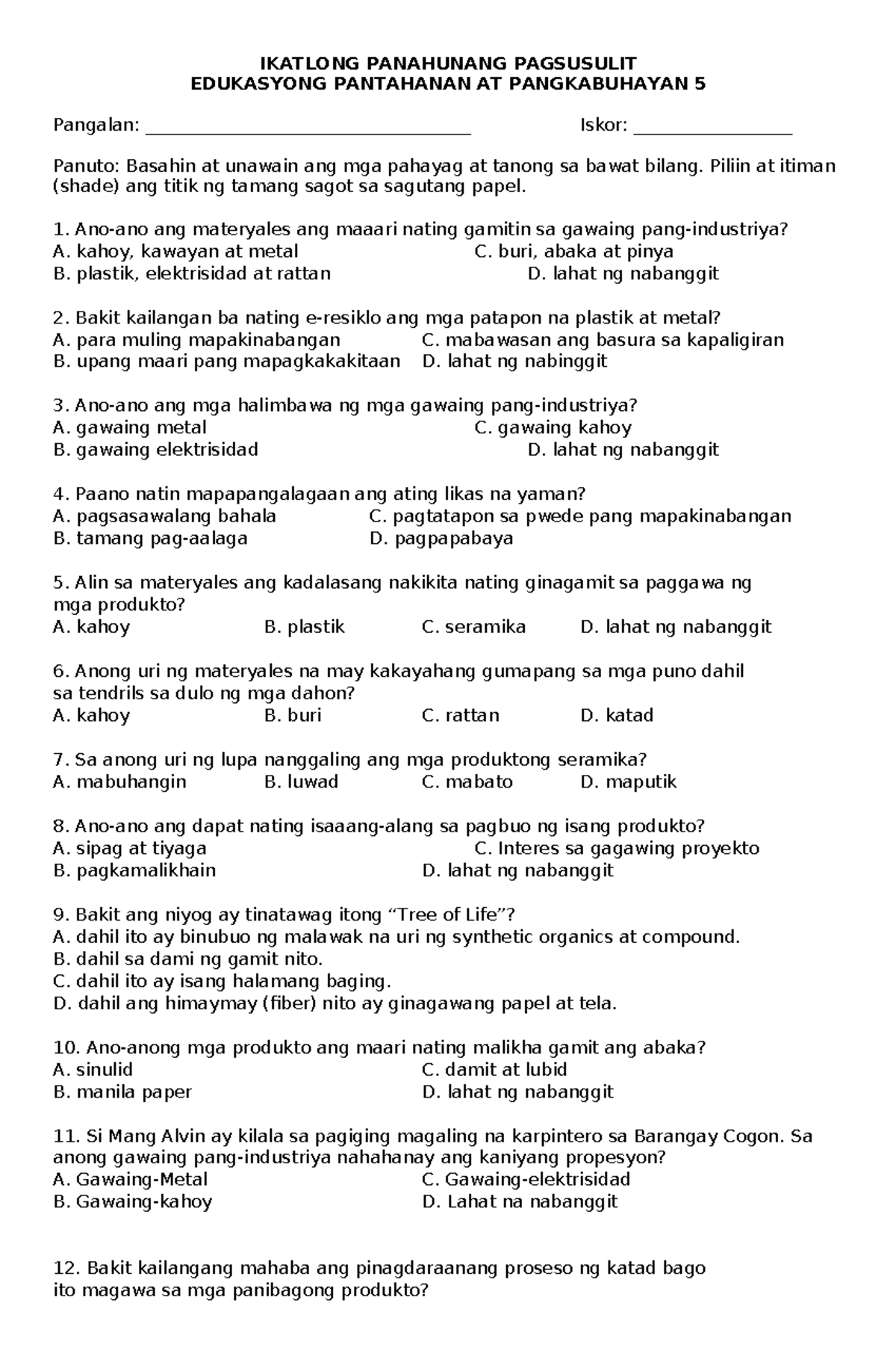 3rd EPP - IKATLONG PANAHUNANG PAGSUSULIT EDUKASYONG PANTAHANAN AT ...