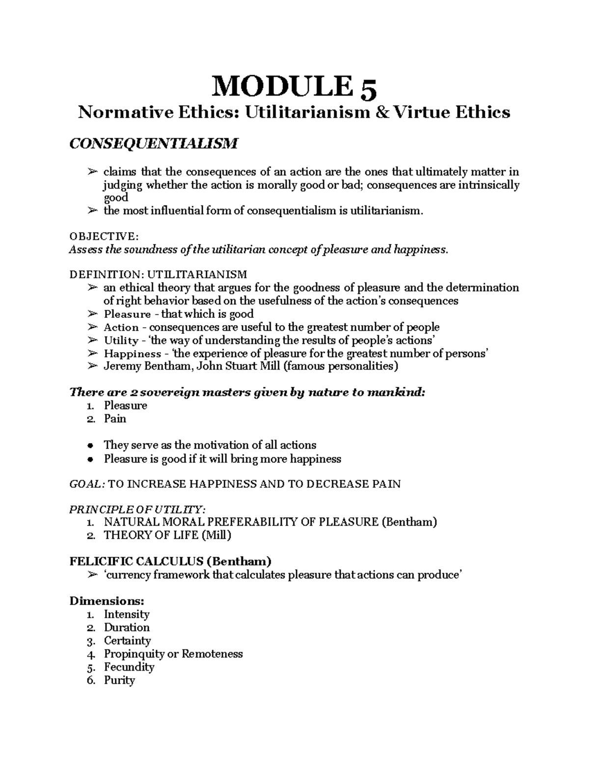 Module 5 Normative Ethics Utilitarianism & Virtue Ethics - MODULE 5 ...