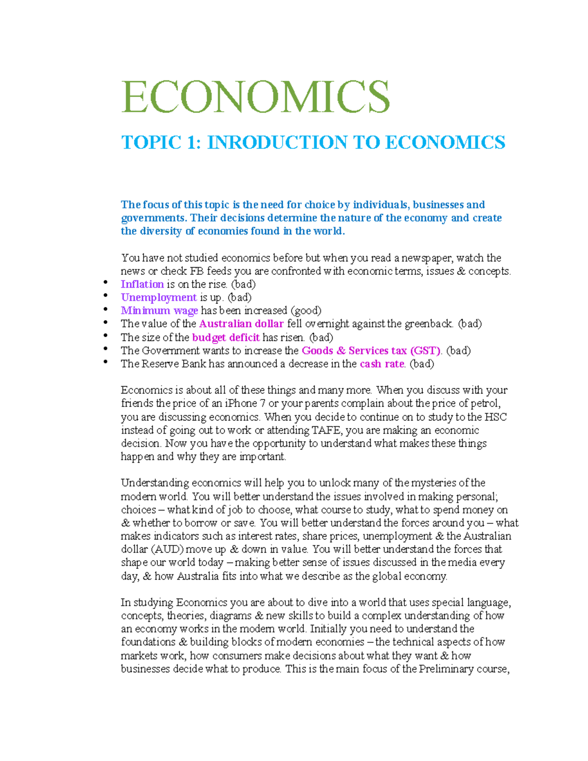 Economics - eco summary notes - ECONOMICS TOPIC 1: INRODUCTION TO ...