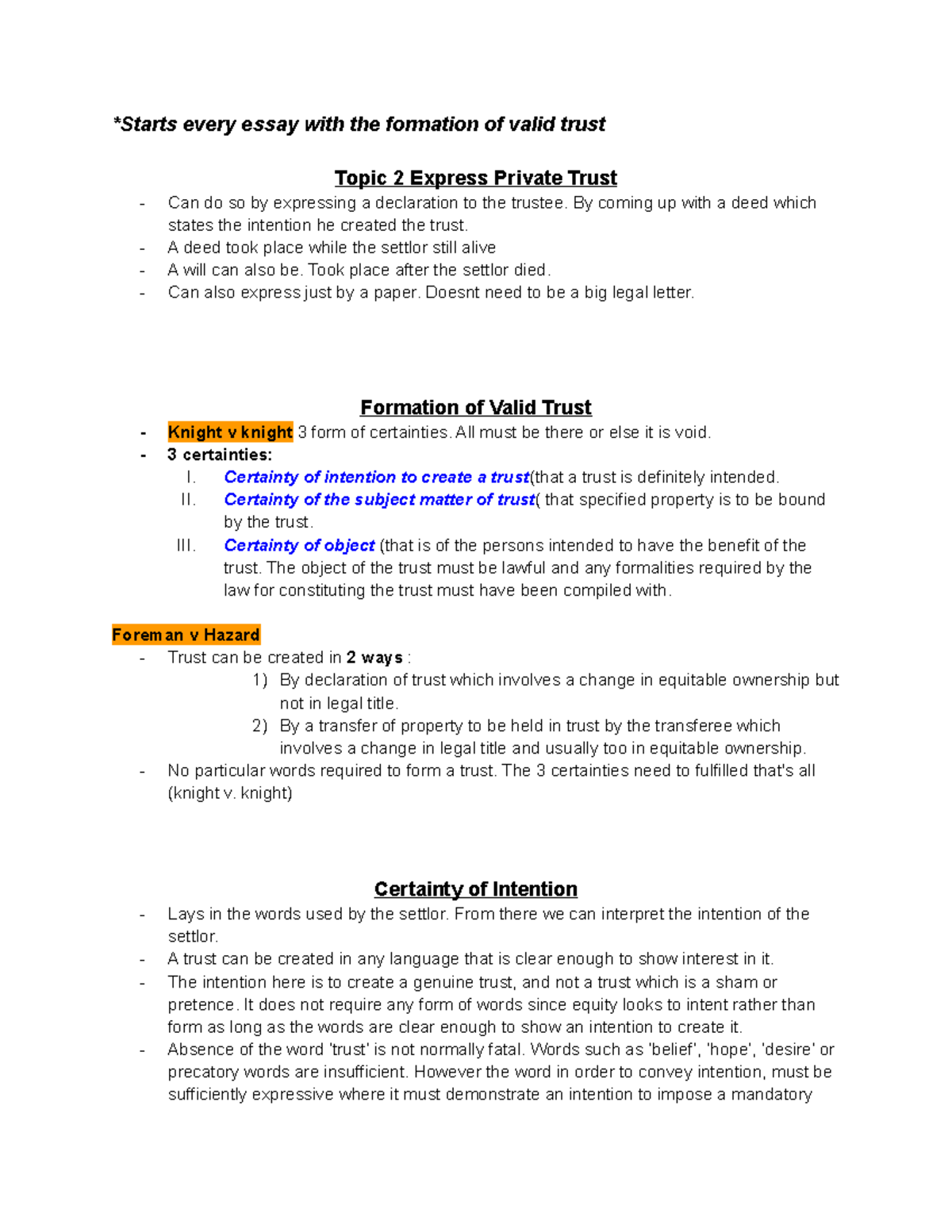 Topic 2 Express Private Trust - *Starts every essay with the formation ...