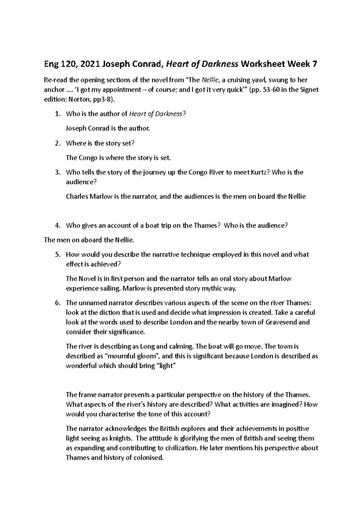 Week 7 Worksheet eng 120(2021) - Eng 120, 2021 Joseph Conrad, Heart of ...