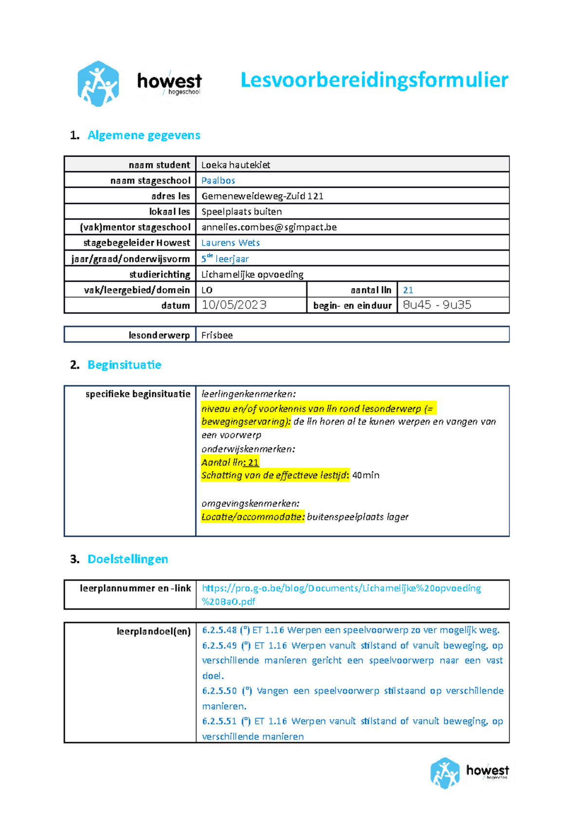 Lesvoorbereiding frisbee 10 mei 5de - Lesvoorbereidingsformulier 1 ...