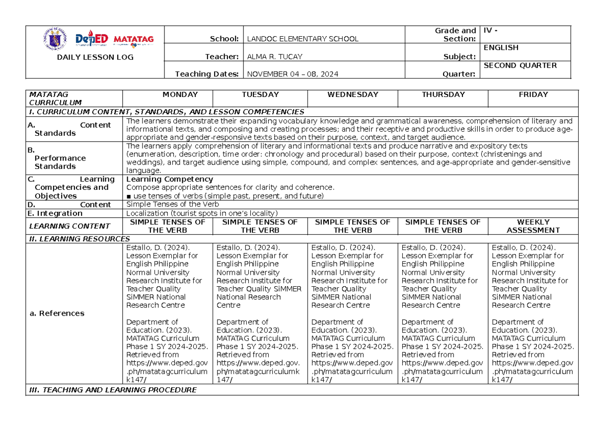 G4Q2W7 DLL English ( Matatag) - DAILY LESSON LOG School: LANDOC ...