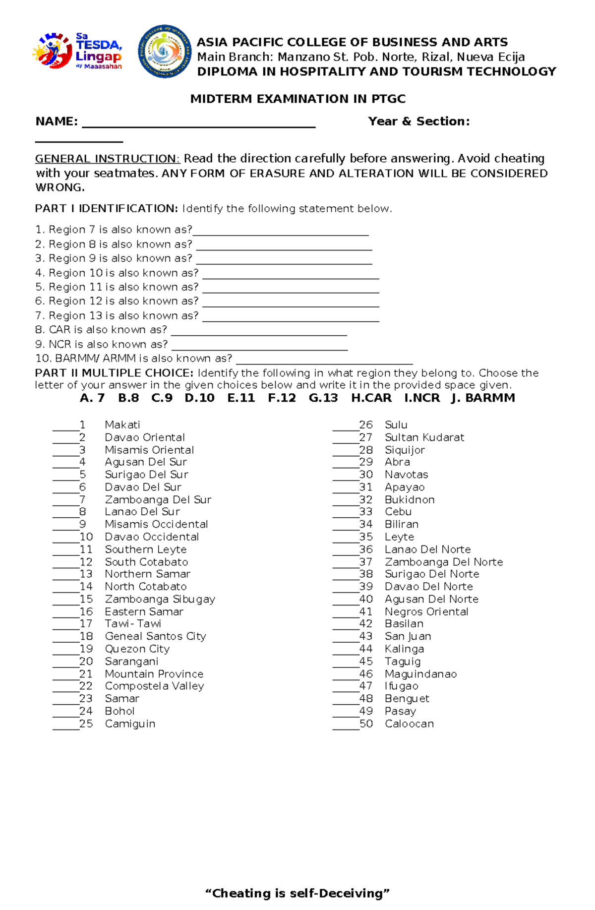 Philippine Tourism and Geography Exam - ASIA PACIFIC COLLEGE OF ...